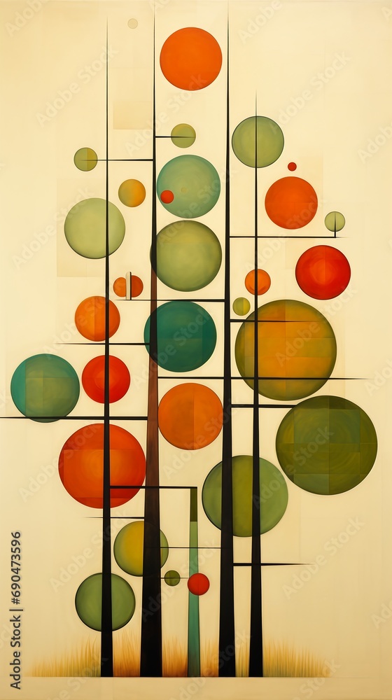trees different colored circles abstract design tall thin frame oil ...