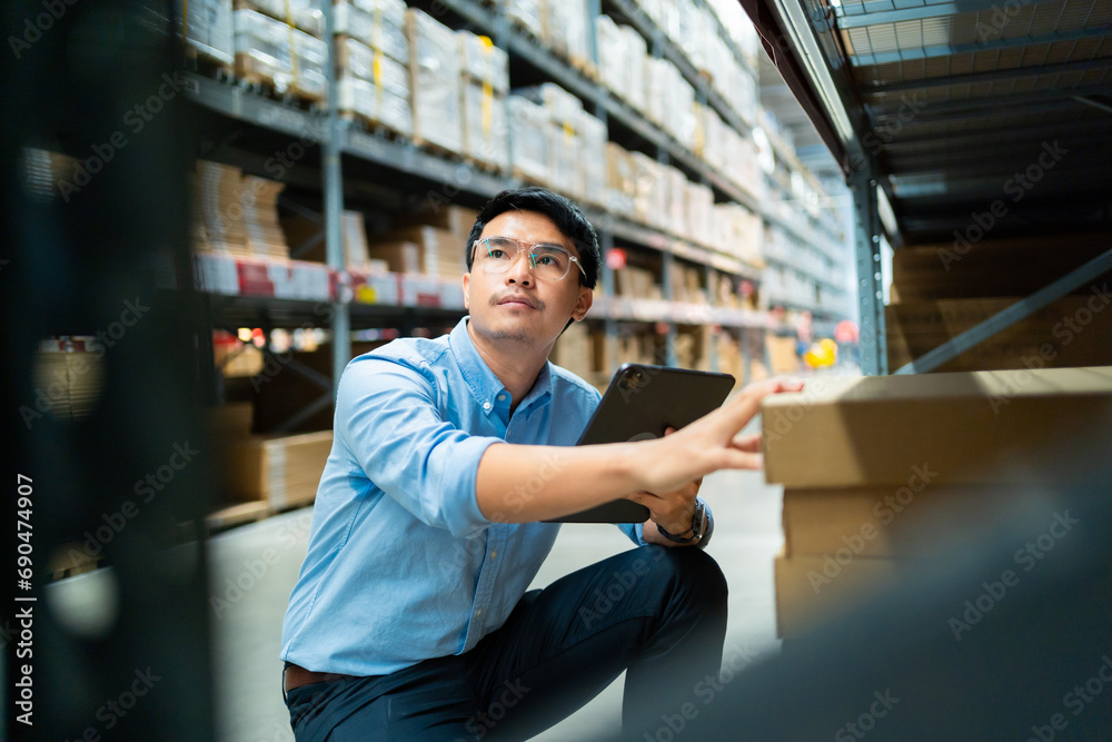 Portrait of Asian Chief Engineer checking product details and supplies ...
