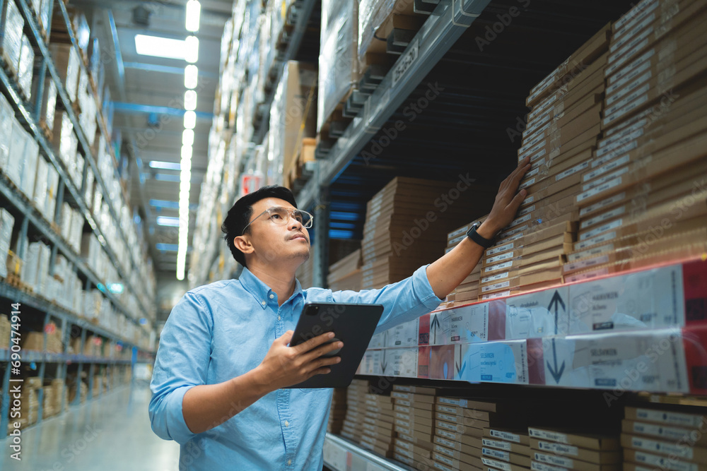 Portrait of Asian Chief Engineer checking product details and supplies ...