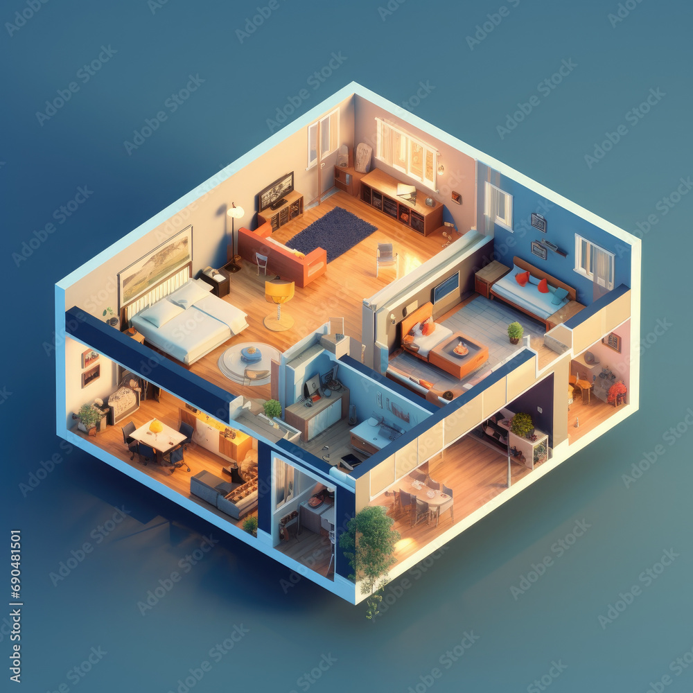 3D model house floor plan with a view of furnished rooms inside ...