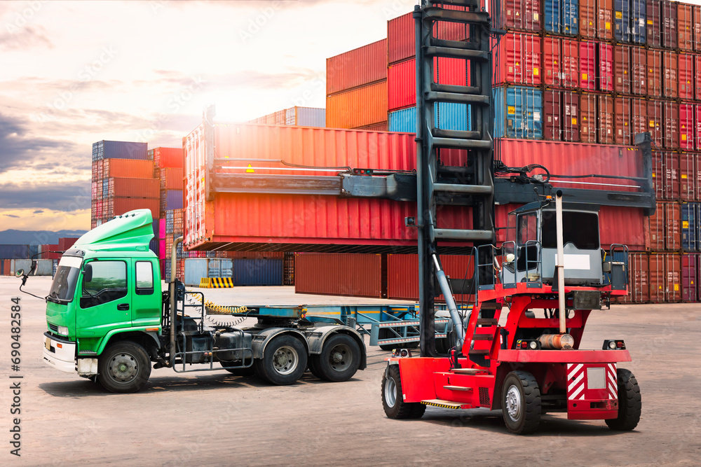 Container Crane Tractor Lifting up Container Box on Trailer Truck ...