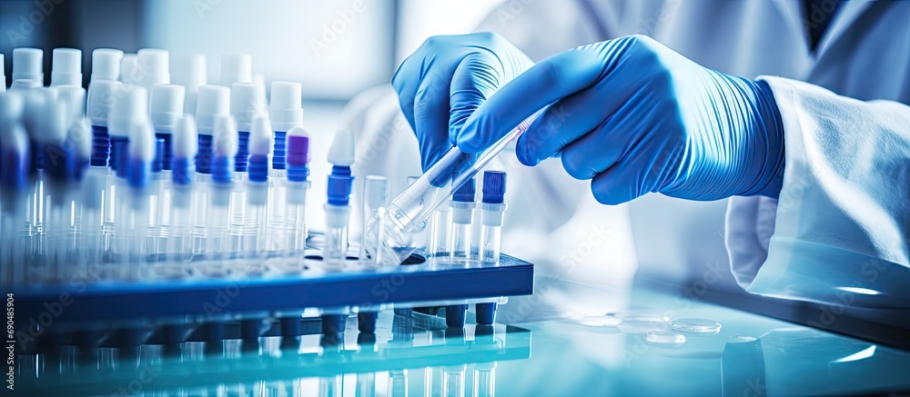 Scientist in blue gloves uses pipette to transfer samples for DNA ...