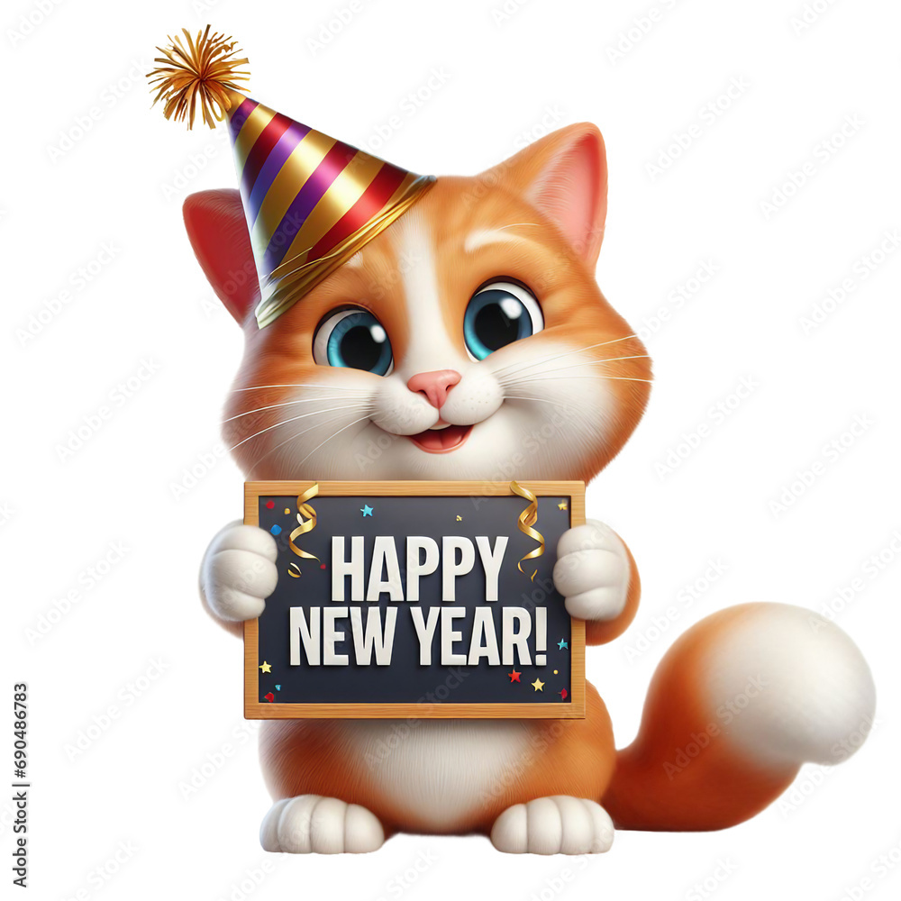 Cute Animal 3D Cat Holding 'Happy New Year' Board and Wearing Party Cap ...