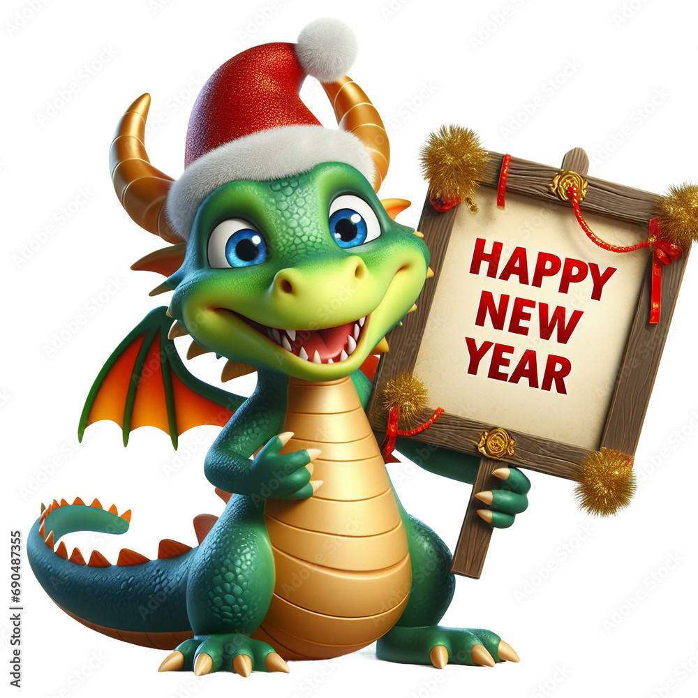 Cute Animal 3D Dragon Holding 'Happy New Year' Board and Wearing Party ...
