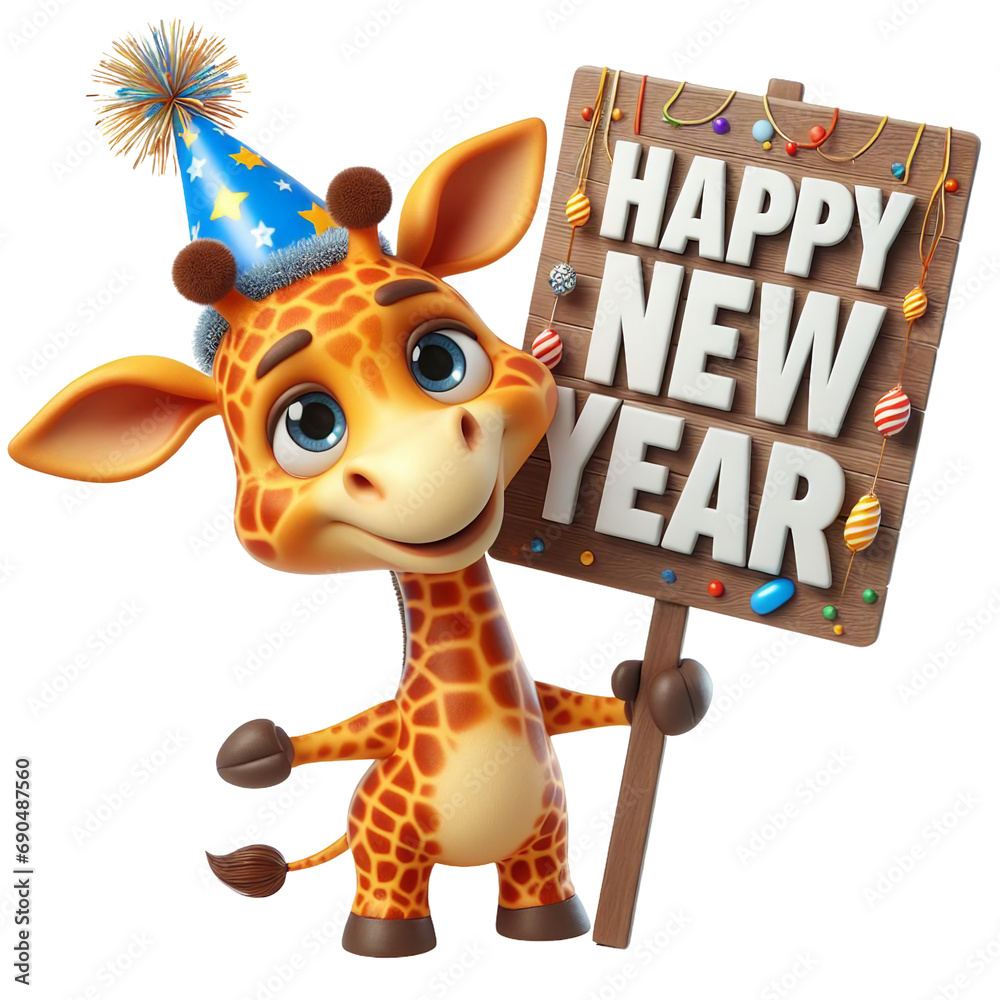 Cute Animal 3D Giraffe Holding 'Happy New Year' Board and Wearing Party ...