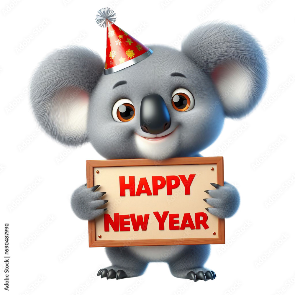 Cute Animal 3D Koala Holding 'Happy New Year' Board and Wearing Party ...