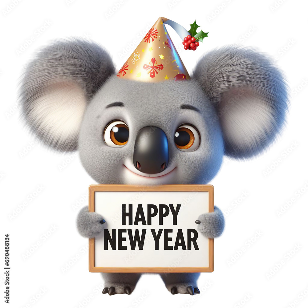 Cute Animal 3D Koala Holding 'Happy New Year' Board and Wearing Party ...
