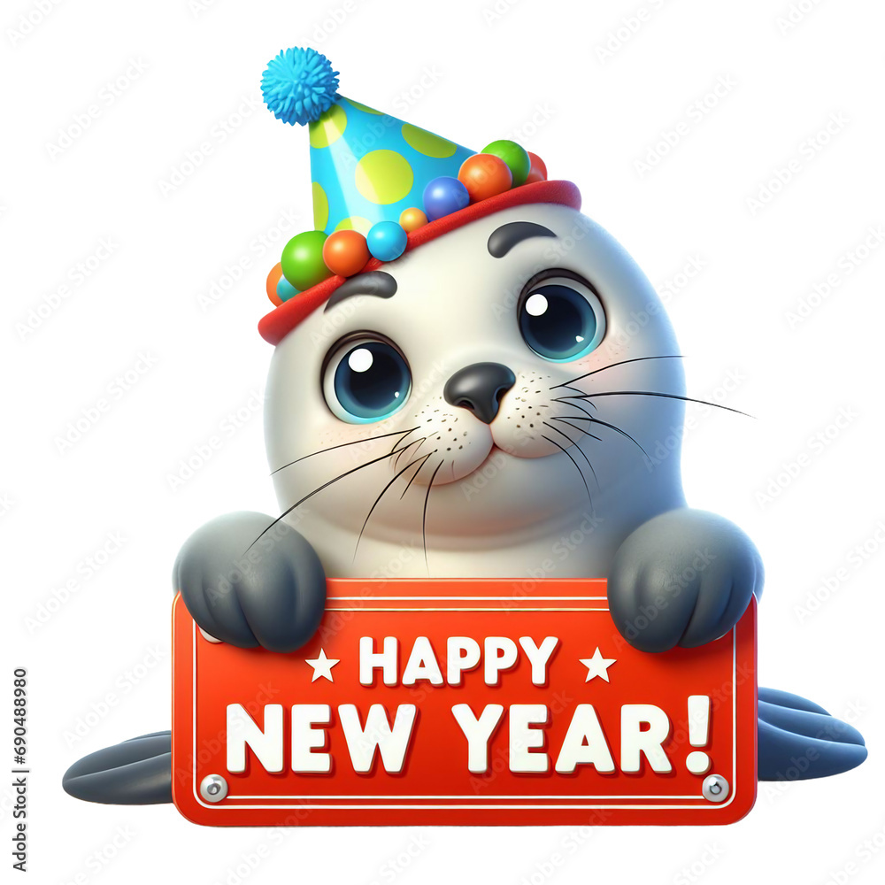 Cute Animal 3D Seal Holding 'Happy New Year' Board and Wearing Party ...