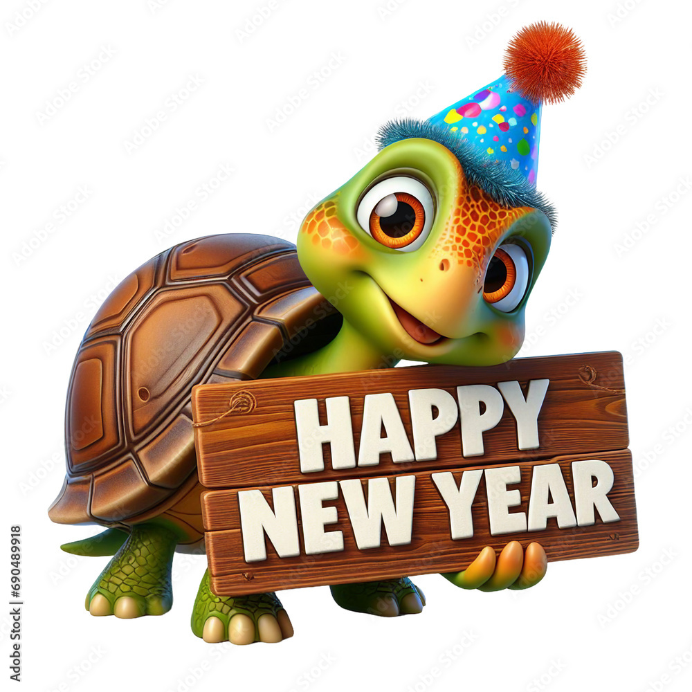 Cute Animal 3D Turtle Holding 'Happy New Year' Board and Wearing Party Cap Cartoon: Isolated on ...