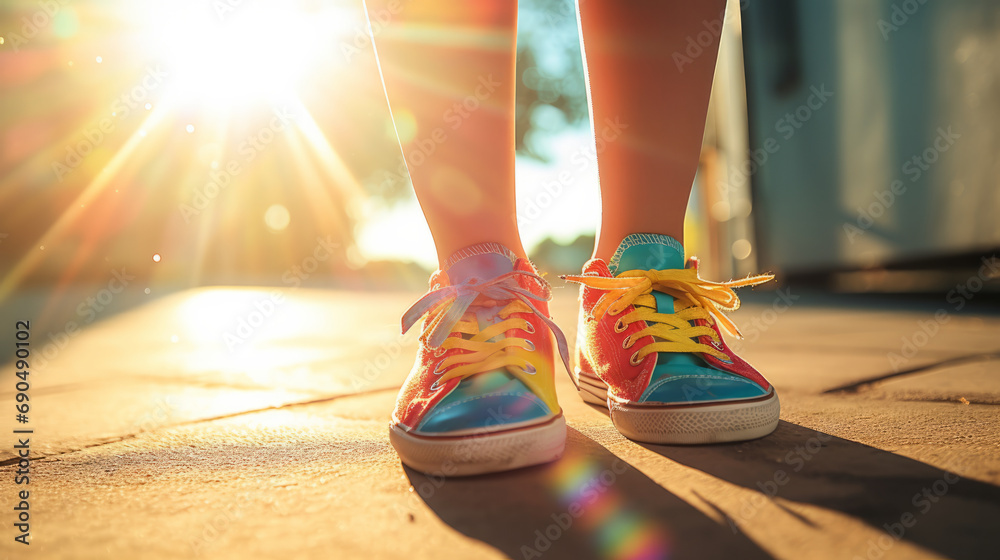 Kid feet wearing colorful summer shoes with sun rays Stock Photo ...