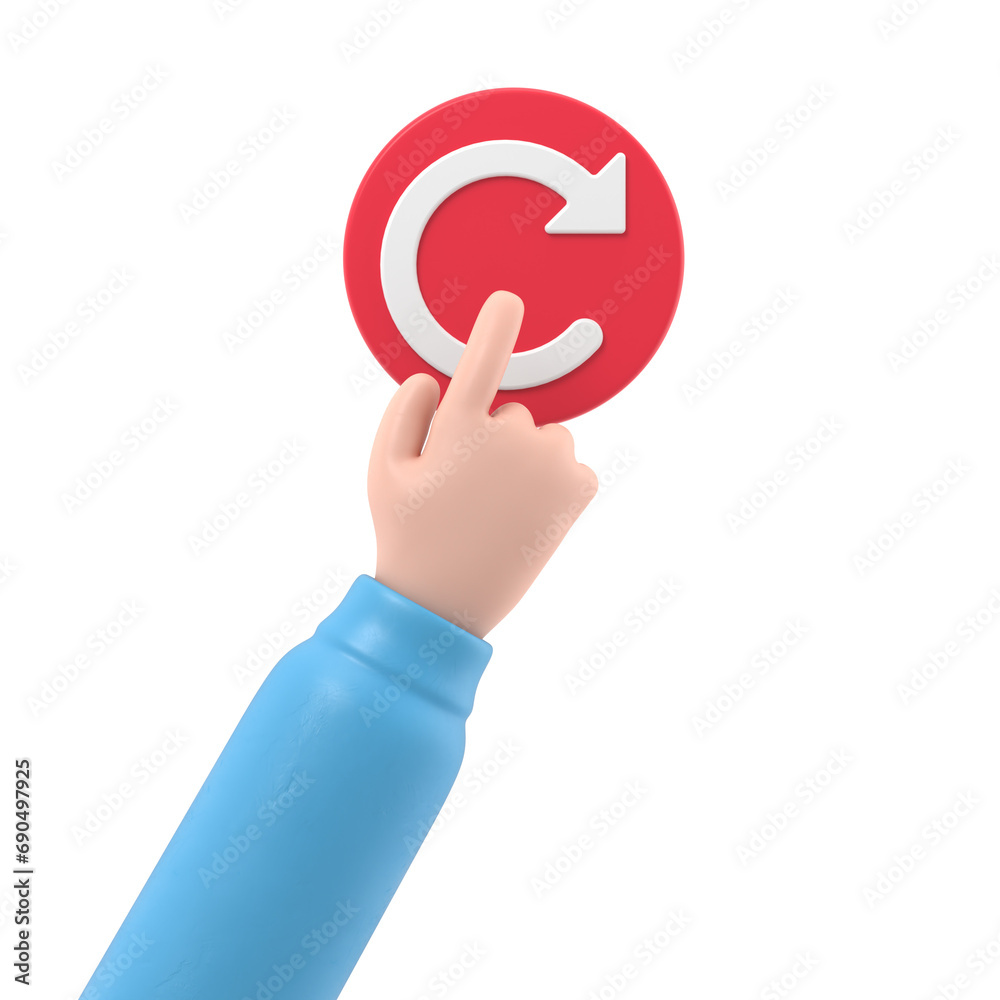 Reboot concept. Restarting technology. Hand to push big red button. 3d ...