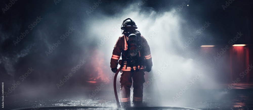 Firefighter utilizing a water fog type extinguisher to safely control ...