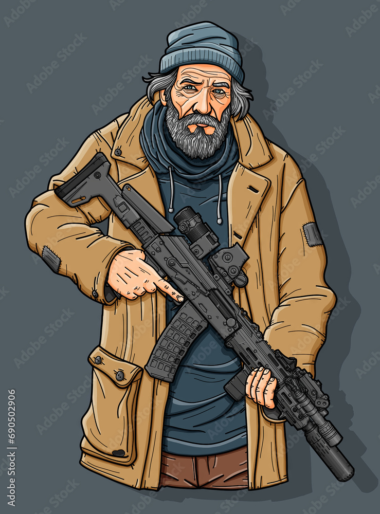 An elderly man, a former military man, a homeless man wearing a hat and ...