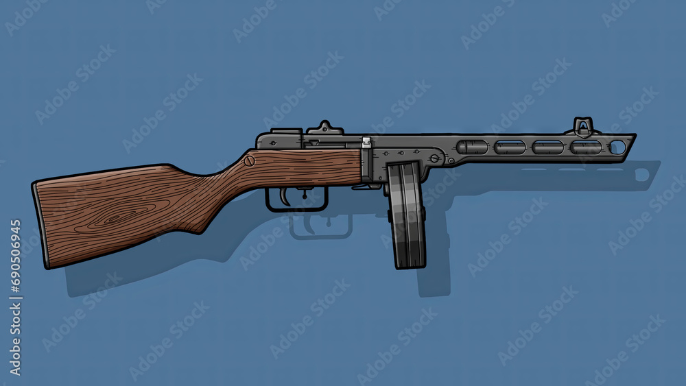 PPSH submachine gun on a blue background. Weapons, military, shotgun ...