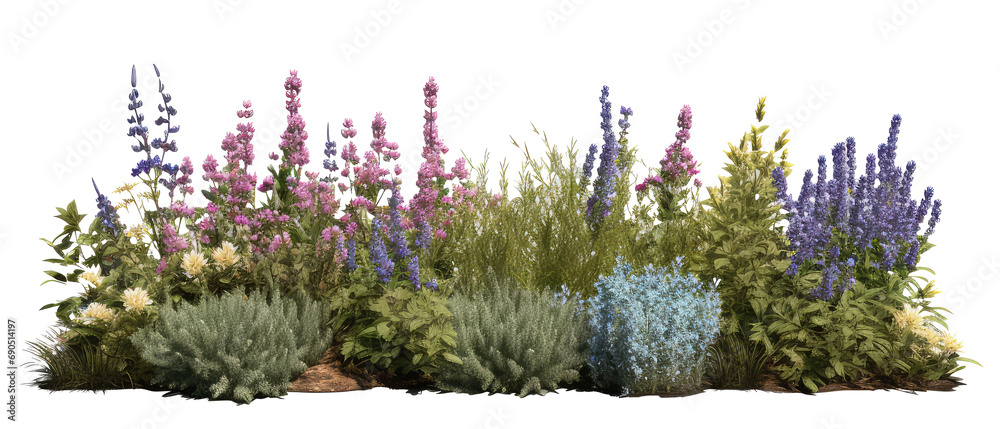 beautiful greenery and shrubbery, with small colorful flowers isolated ...