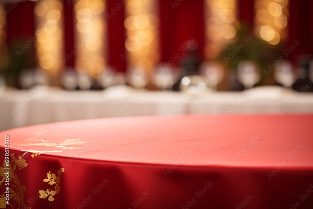 Spring Festival celebration: Silk-lined empty dining table in focus ...