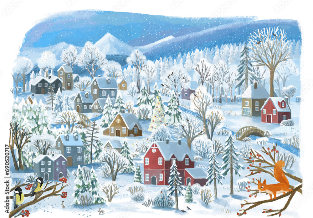cartoon christmas scene with city in the winter with some wild animals ...