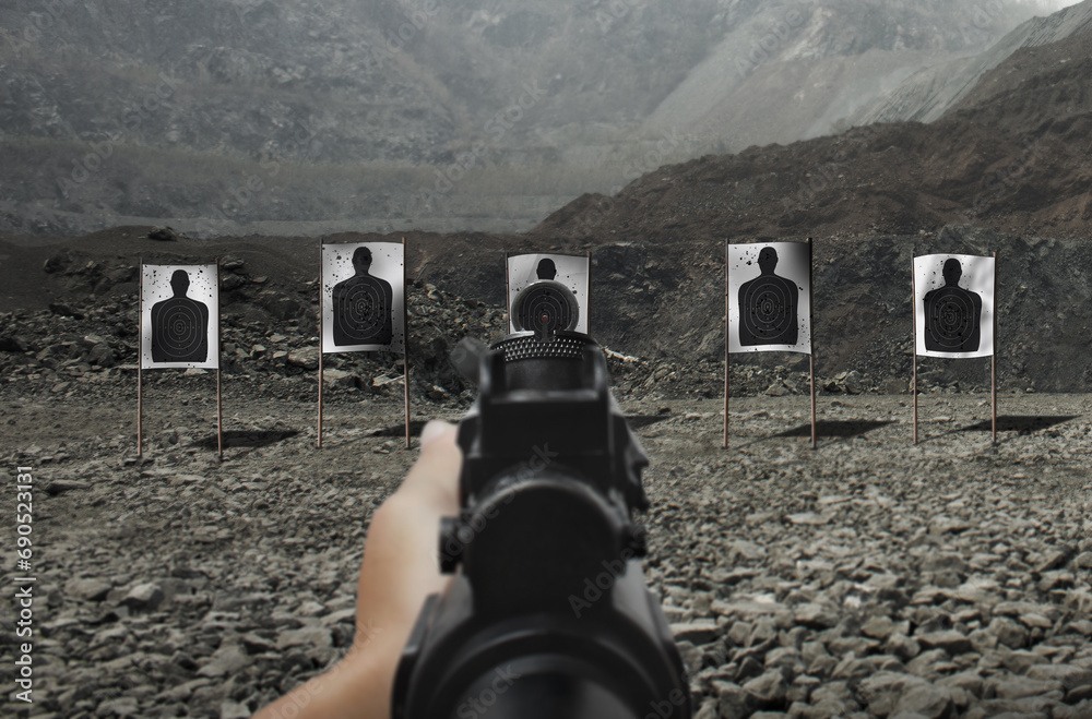 Assault rifle red dot target view, image of a rifle scope sight used ...