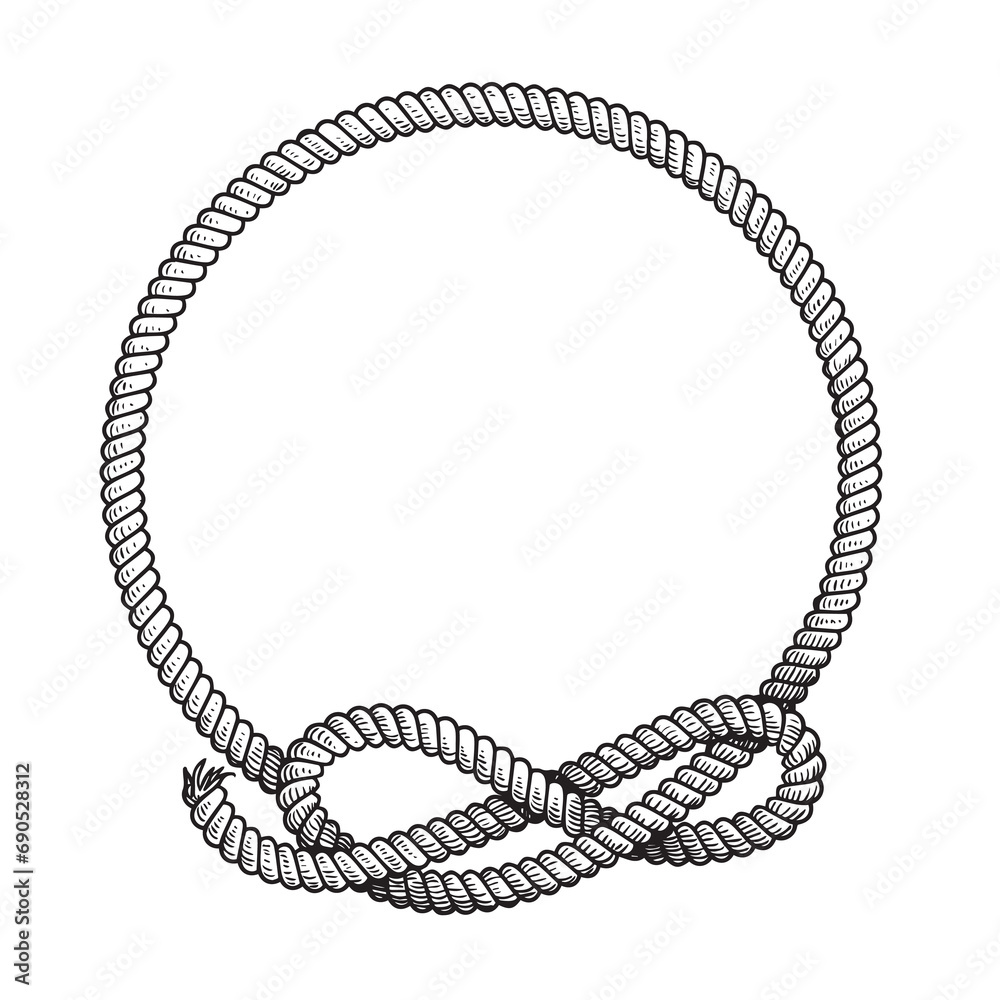 Hand drawn circle rope frame with free style node. Sketch nautical ...