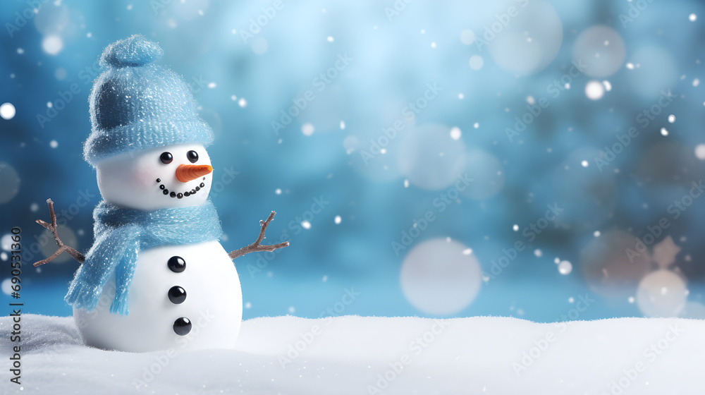 Snowman with winter themed background. Blue and white with bokeh light ...