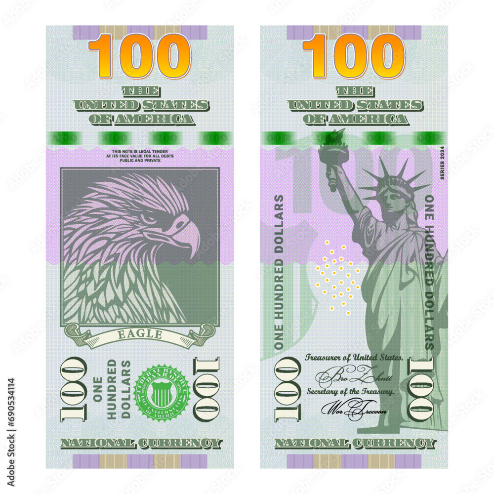 Vector new vertical banknote of 100 US dollars 2024. Obverse and ...