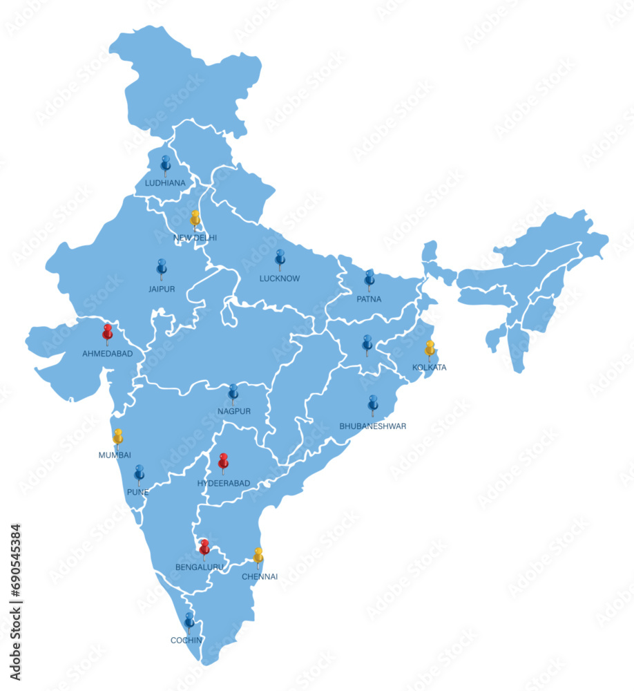 India map with borders, cities, capital and administrative divisions ...