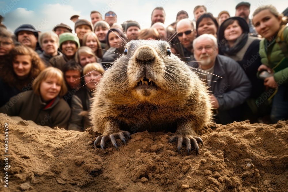 a crowd of people watches and films a groundhog crawling out of its ...