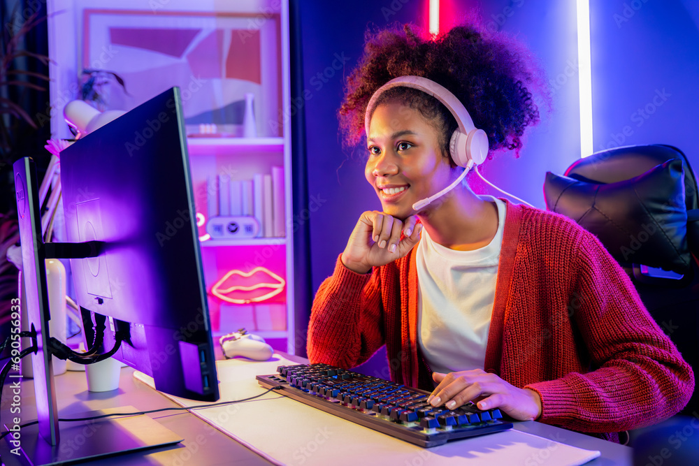 African American girl streamer playing online fighting with Esport ...
