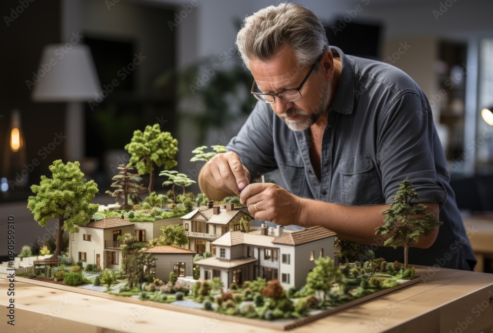 Architect working on a scale model of a house in a cozy environment ...