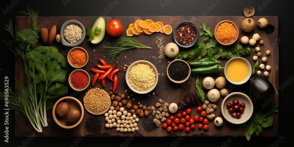 World Vegetarian Day. kitchen board with a map of the world, with a set ...