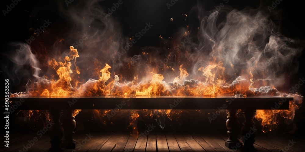 wooden table with Fire burning at the edge of the table, fire particles ...
