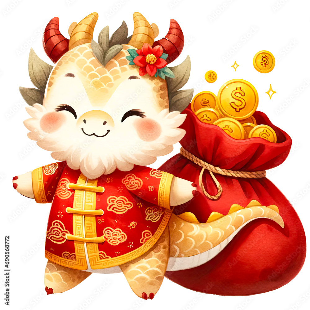 Watercolor Cute Dragon wearing a red qipao and carrying a bag of money ...