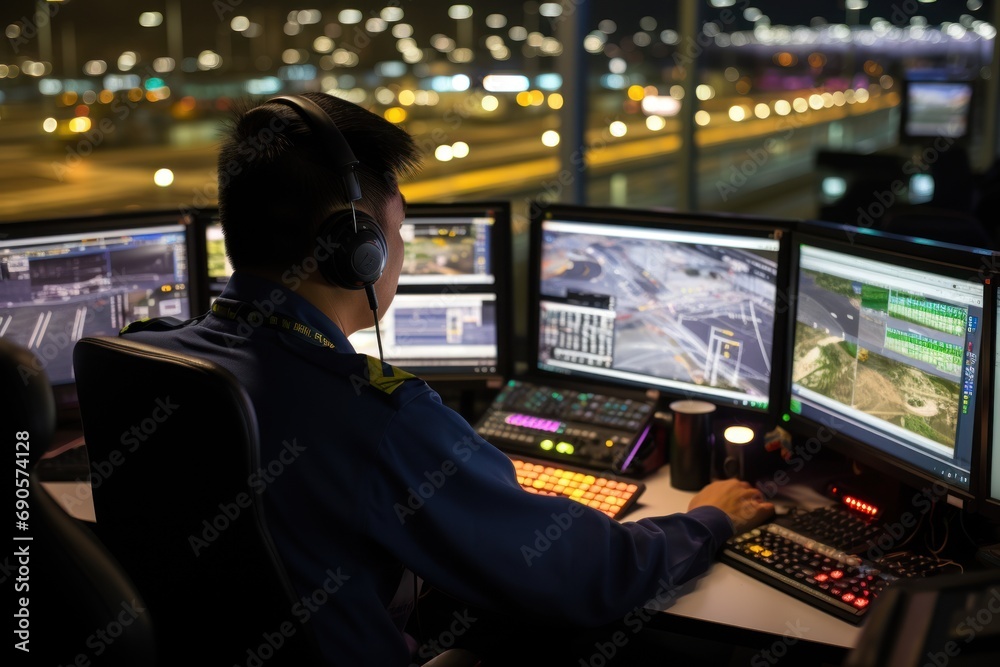 Airport traffic control team background with indoor scenery aircraft ...