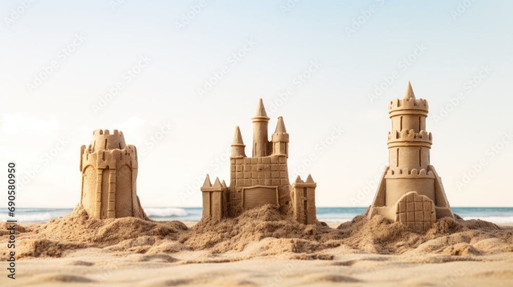 Three different sand castles on a beach, side view, isolated on a ...