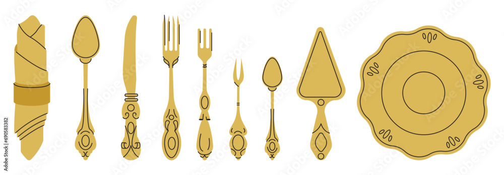Fancy golden Cutlery set with table knife, spoon, fork, napkin, dessert ...
