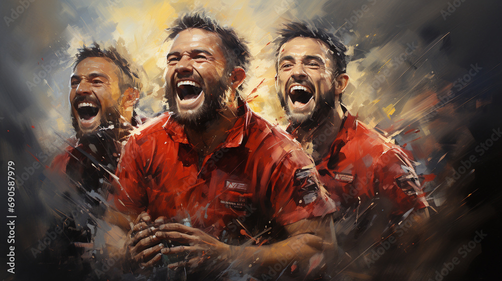 Rugby team celebrating victory.Young football supporter fans cheering ...