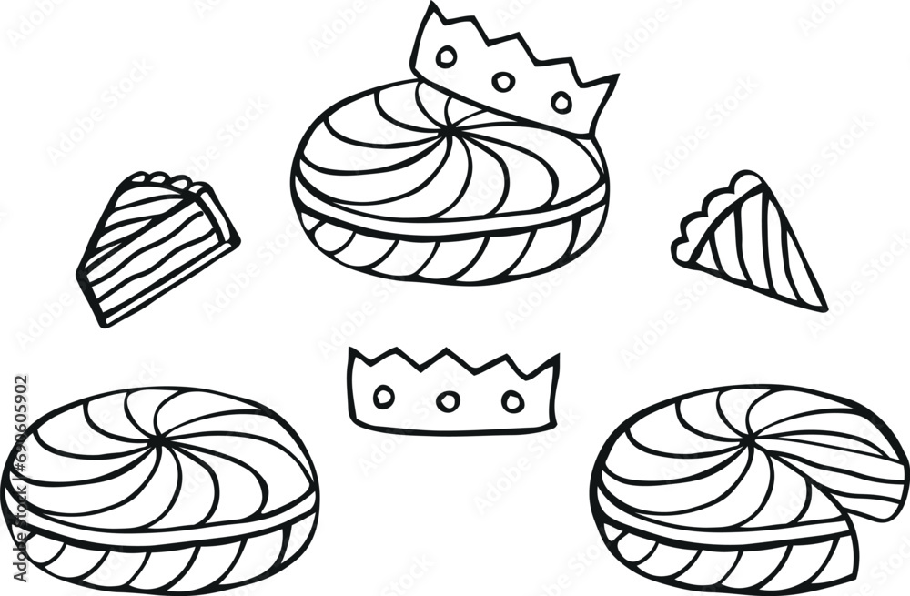 Galette des rois traditional french epiphany cake. Vector icon set with ...