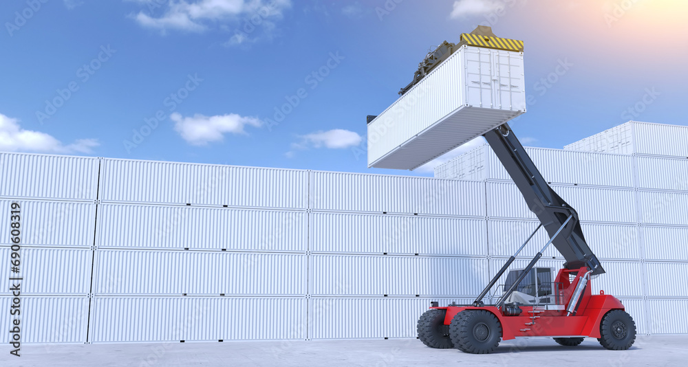The red reach stacker (loader) lifts and loads a white white sea ...