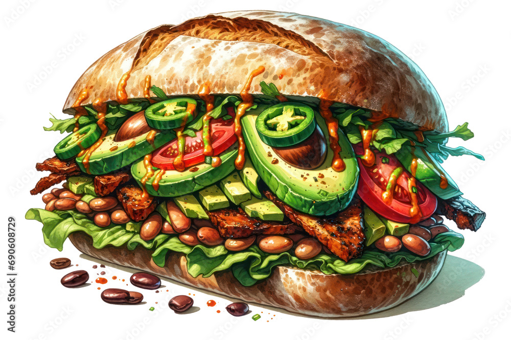 Watercolor Food of Tex-Mex Torta , cafe menu , illustration isolated on ...