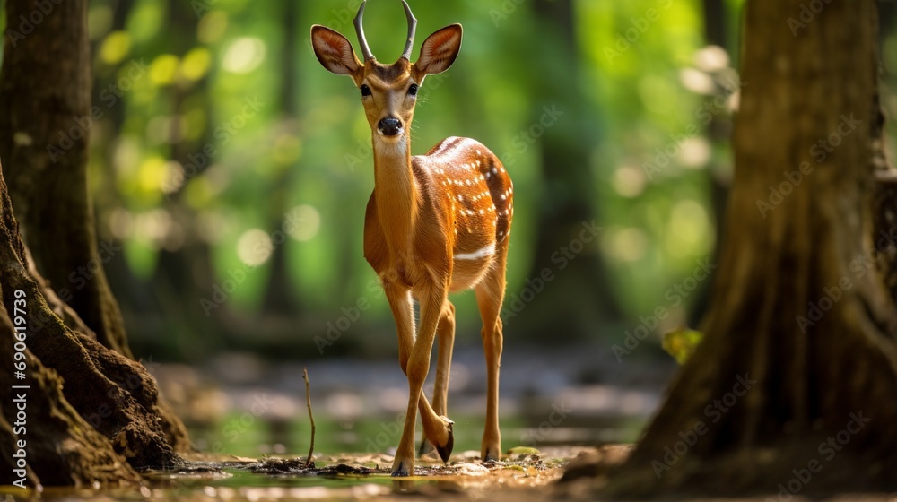 The image of a male barking deer walking for food in national park ...