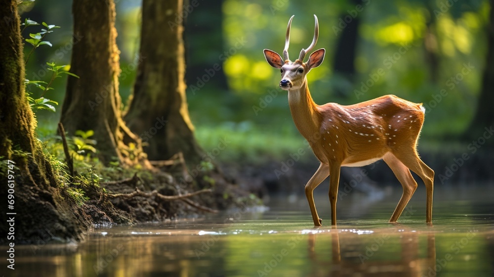 The image of a male barking deer walking for food in national park ...