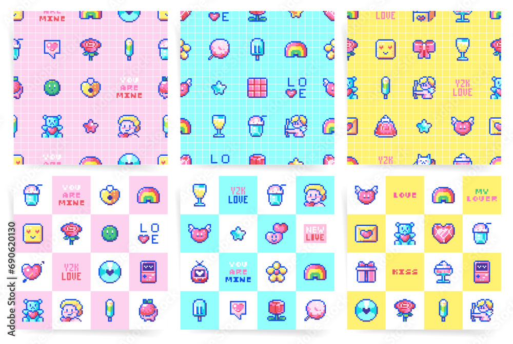 Y2K Pixel Art Valentine Day Patterns Set. Seamless Patterns with Hearts ...