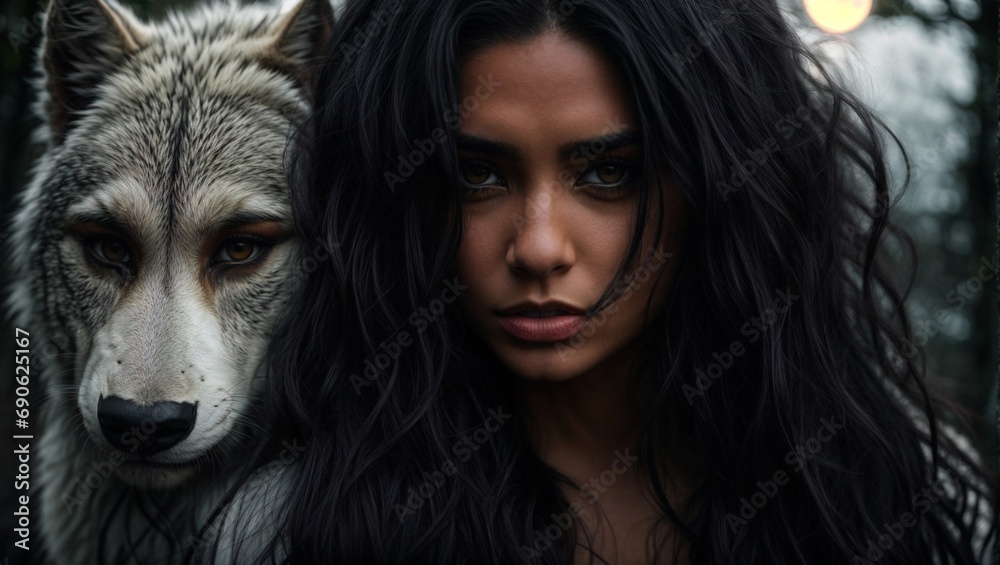 Fantasy image with long black hair olive skin woman with white werewolf ...