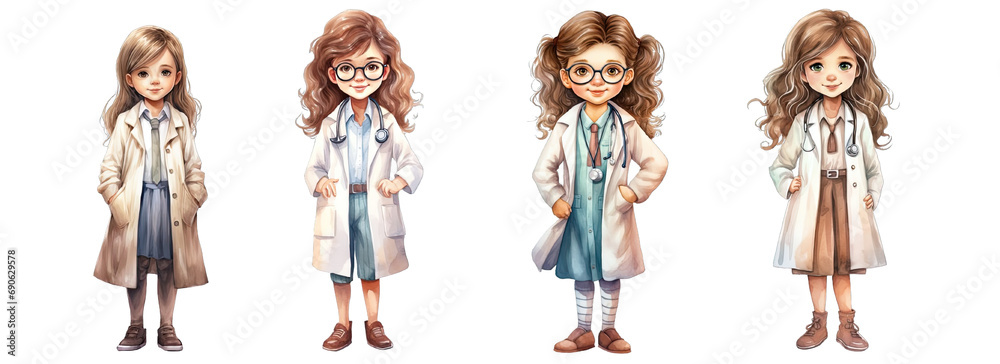 Collection of PNG. Young girl dressed up as doctor, watercolor ...