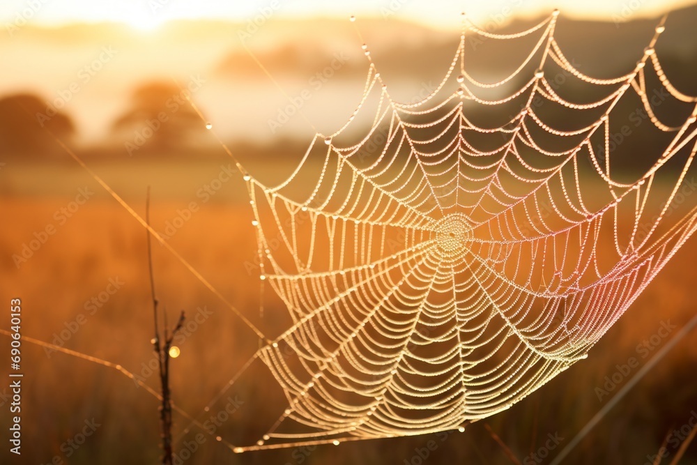 Dew-laden spider web against a sunrise in a field, symbolizing ...