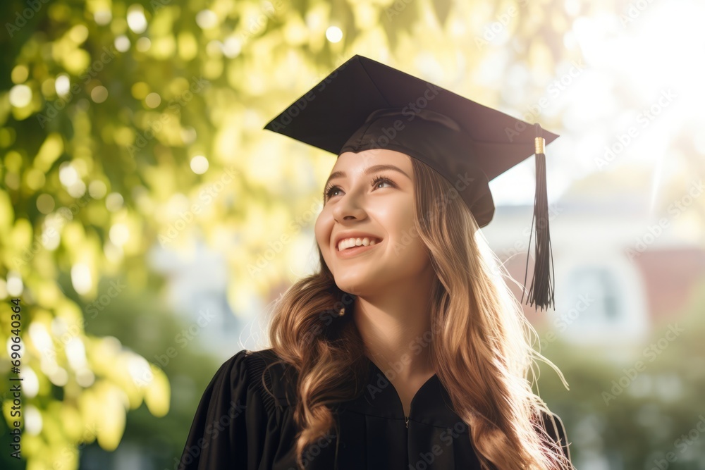 Radiant female graduate smiling upwards, sunlight filtering through ...