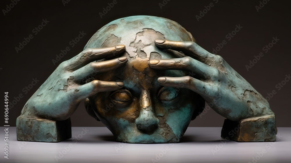 A bronze sculpture of a discombobulated Jiangshi head in hands, in the ...