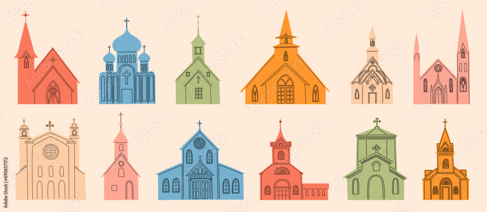 Catholic church set. Monastery building icons, vintage glass windows ...