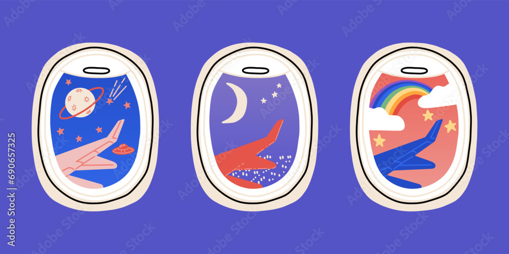 Plane windows. Fly on airplane, horizon landscape, travel view with sky ...