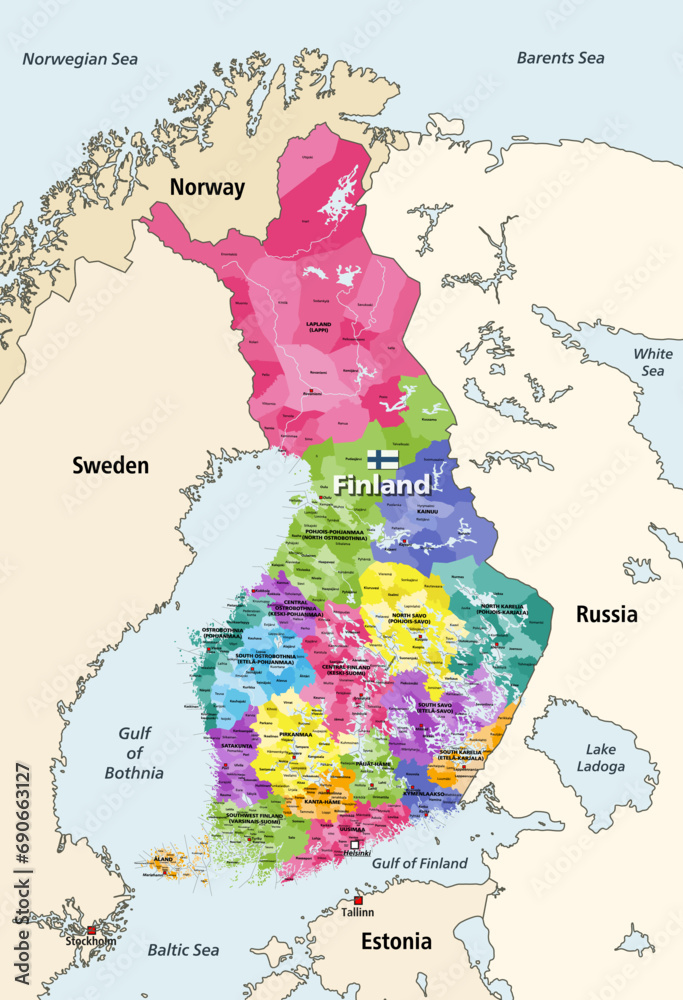 Finland municipalities colored by regions vector map with regions ...